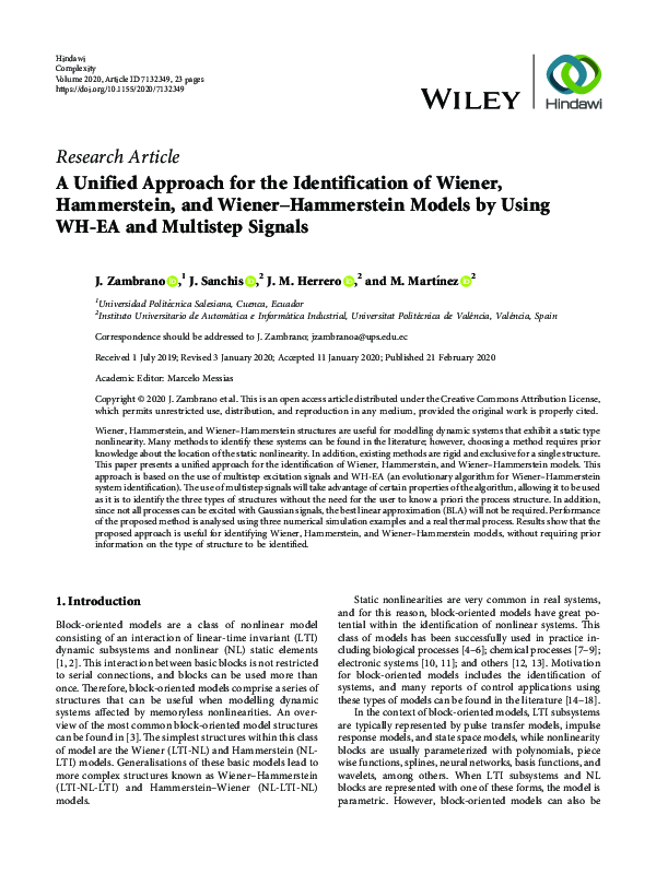 (PDF) A Unified Approach for the Identification of Wiener, Hammerstein, and Wiener–Hammerstein ...