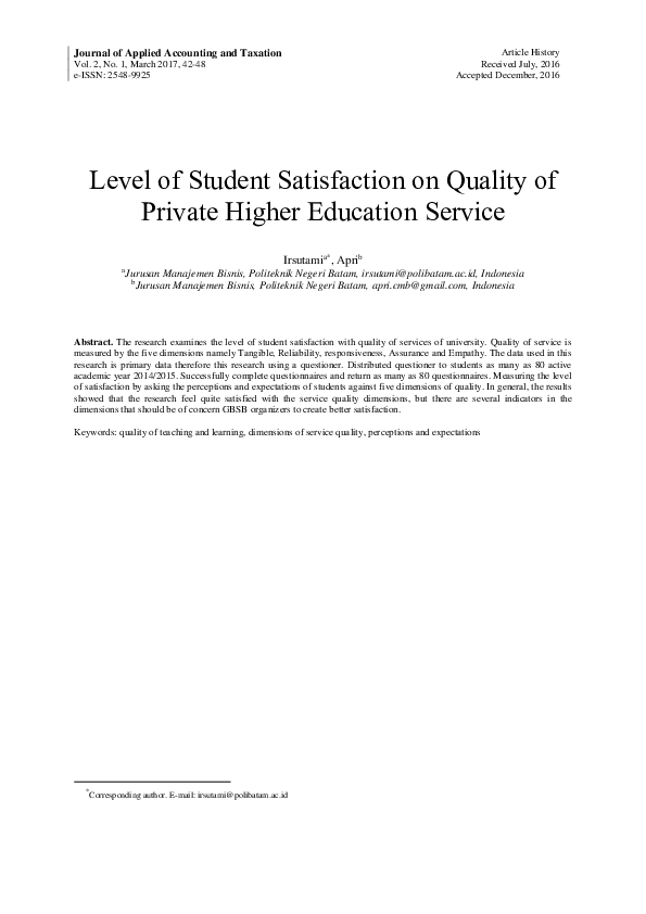 (PDF) Level of Student Satisfaction on Quality of Private Higher ...