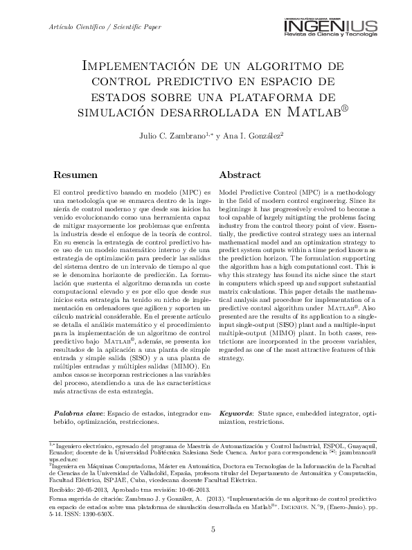 (PDF) Implementación de un algoritmo de control predictivo en espacio de estados sobre una ...