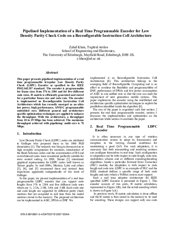 Pdf Real Time Pipelined Ldpc Encoder On Reconfigurable Architecture