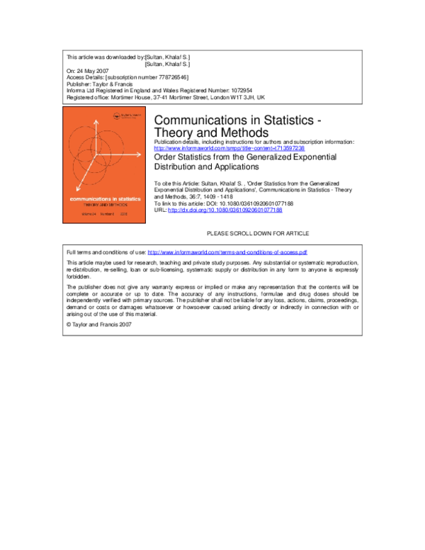 Pdf Order Statistics From The Generalized Exponential Distribution
