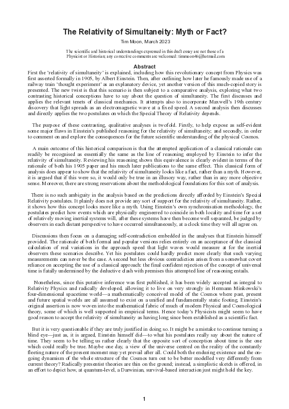 (PDF) The Relativity of Simultaneity: Myth or Fact