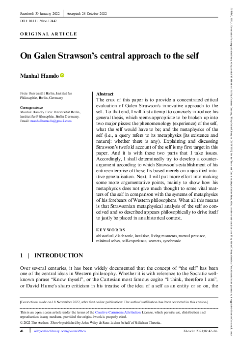 (PDF) On Galen Strawson's central approach to the self