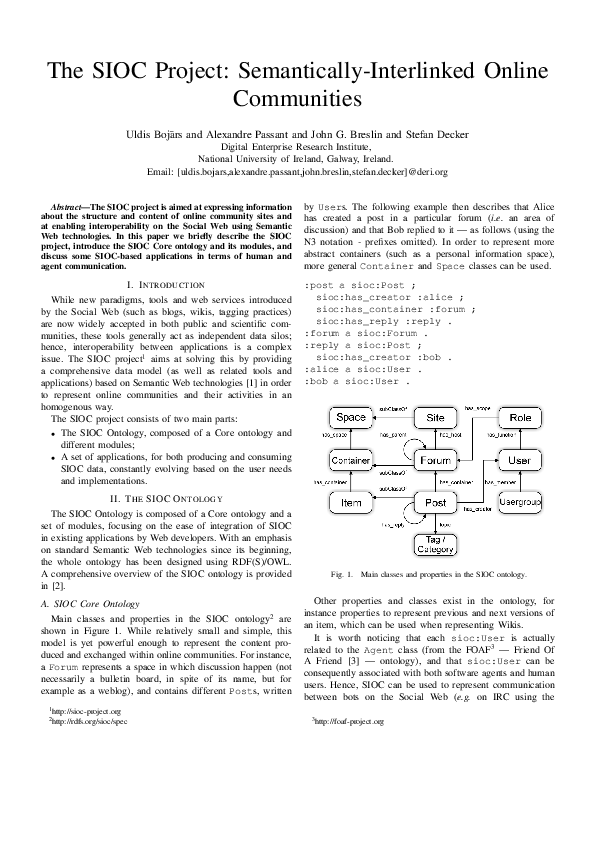 (PDF) The SIOC project: Semantically-Interlinked Online Communities, from humans to machines