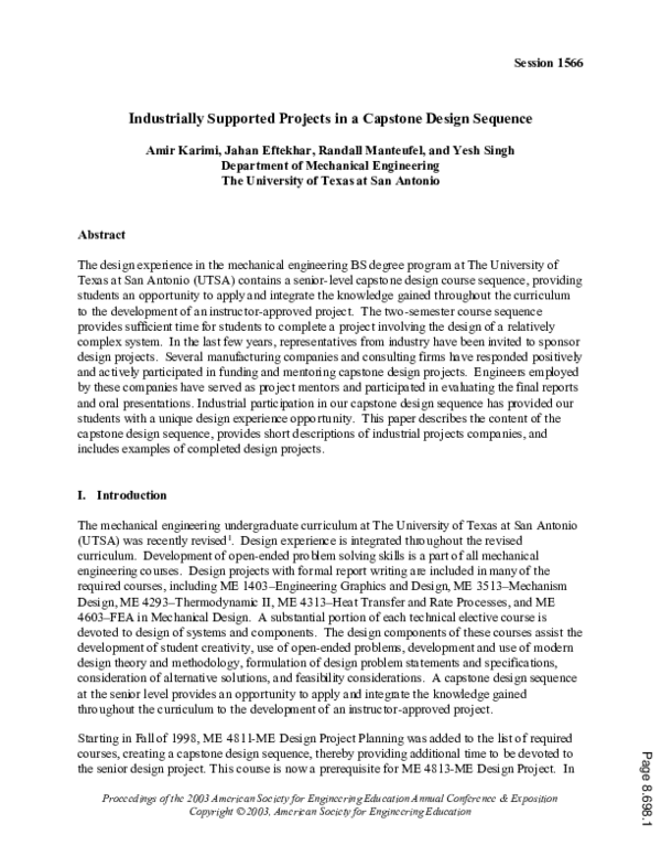 (PDF) Industrially Supported Projects In A Capstone Design Sequence