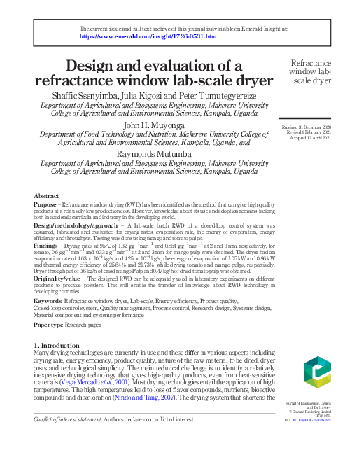 (PDF) Design and evaluation of a refractance window lab-scale dryer