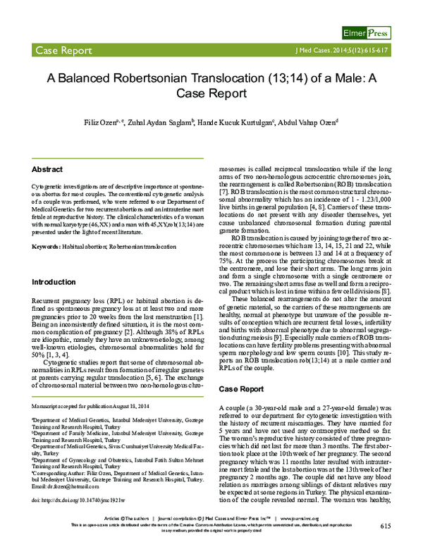 (PDF) A Balanced Robertsonian Translocation (13;14) of a Male: A Case ...