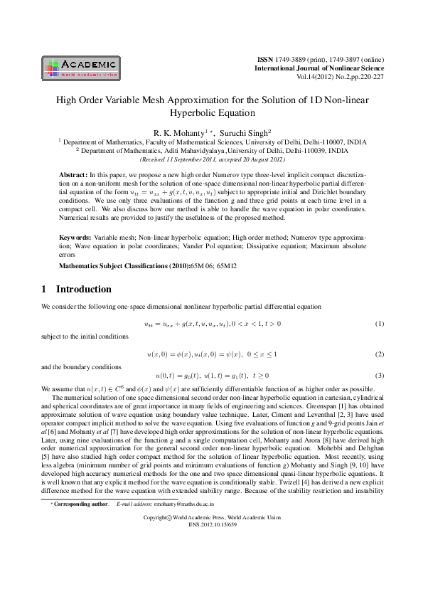 (PDF) High order variable mesh approximation for the solution of 1D non-linear hyperbolic equation