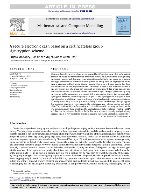 Pdf A Secure Electronic Cash Based On A Certificateless Group Signcryption Scheme 