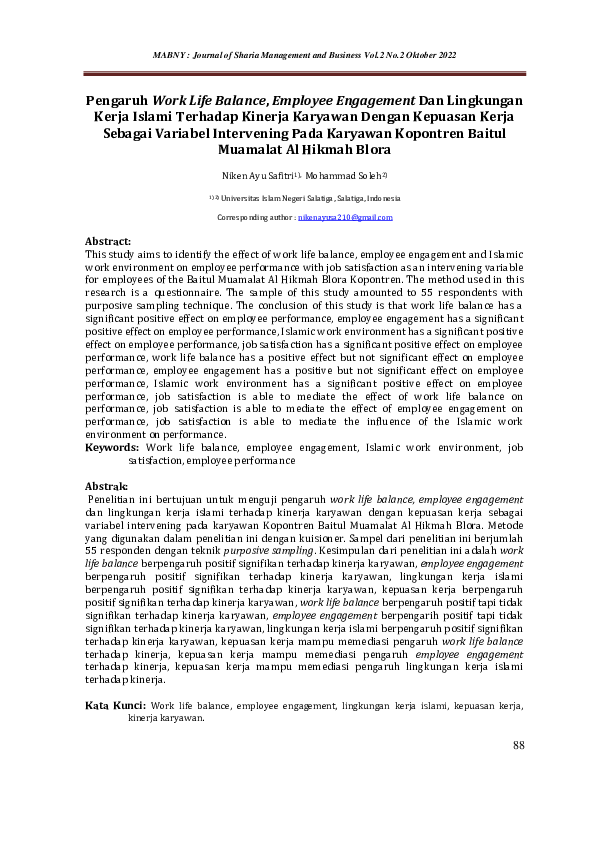 (PDF) Pengaruh Work Life Balance, Employee Engagement Dan Lingkungan Kerja Islami Terhadap ...