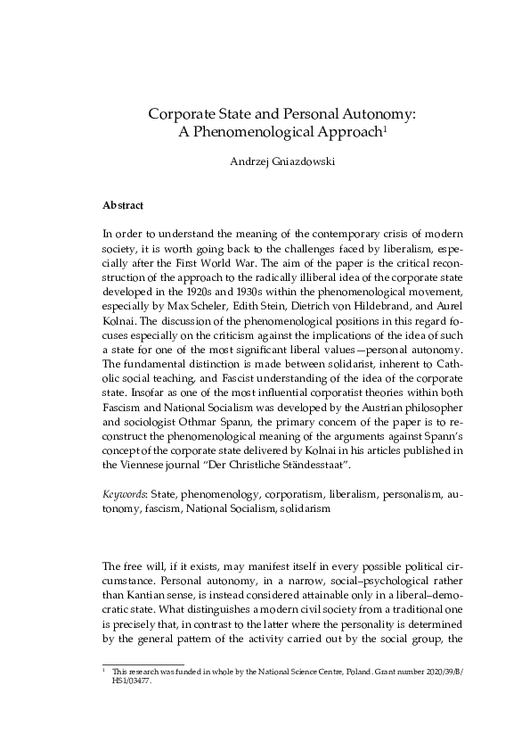 (PDF) Corporate State and Personal Autonomy. A Phenomenological Approach