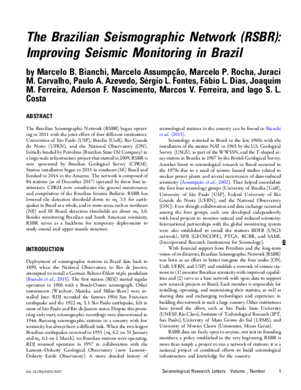 (PDF) The Brazilian Seismographic Network (RSBR): Improving Seismic ...