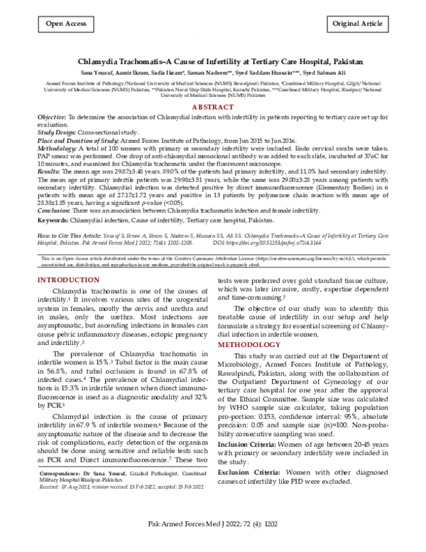 (PDF) Chlamydia Trachomatis–A Cause of Infertility at Tertiary Care ...
