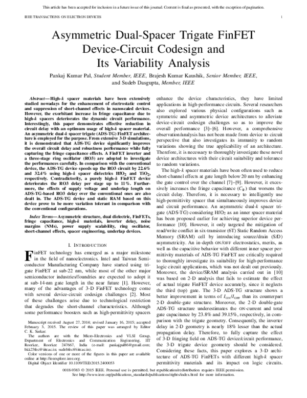 Pdf Asymmetric Dual Spacer Trigate Finfet Device Circuit Codesign And Its Variability Analysis
