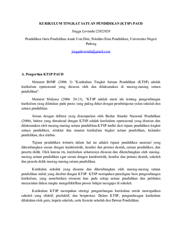 (DOC) KURIKULUM TINGKAT SATUAN PENDIDIKAN (KTSP) PAUD