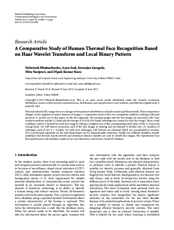 (PDF) A Comparative Study of Human Thermal Face Recognition Based on Haar Wavelet Transform and ...