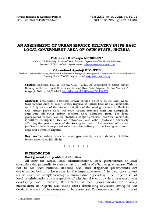 (PDF) N Assessment of Urban Service Delivery in Ife East Local ...