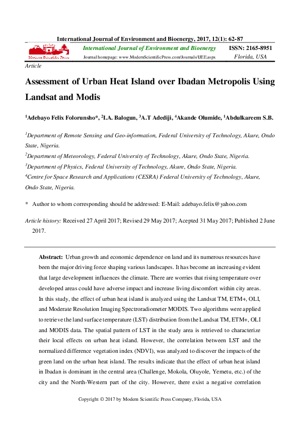 (PDF) Assessment of Urban Heat Island over Ibadan Metropolis Using ...