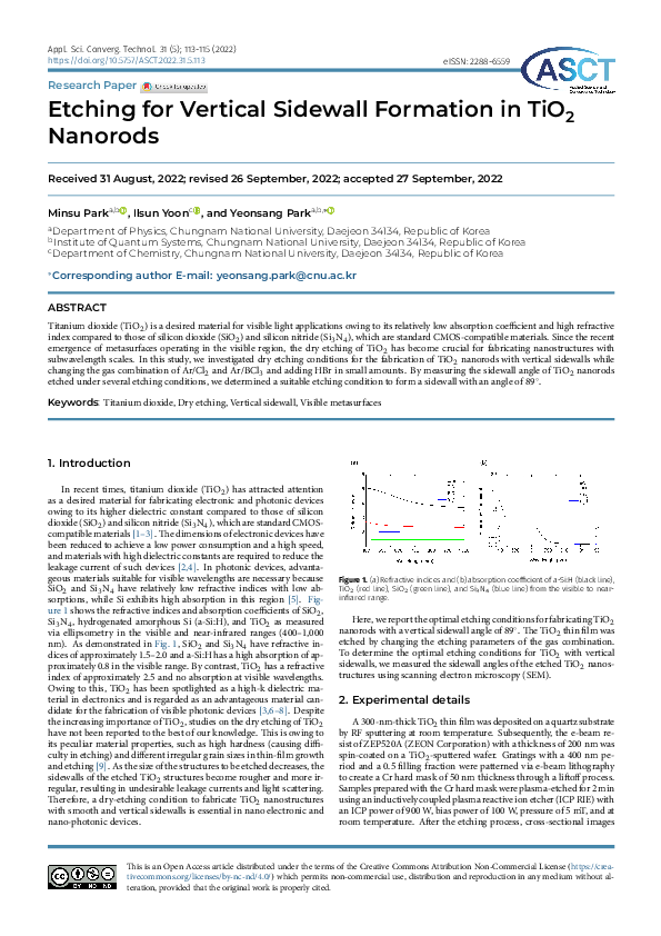 (PDF) Etching for Vertical Sidewall Formation in TiO2 Nanorods