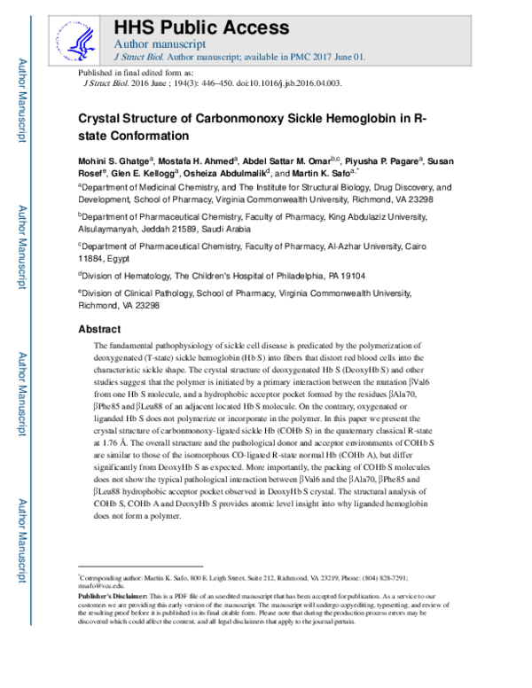 (PDF) Crystal Structure of Carbonmonoxy Sickle Hemoglobin in R-State ...