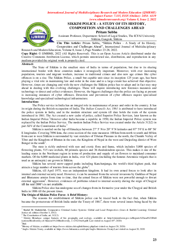 (PDF) Sikkim Police - a Study of Its History, Composition and ...
