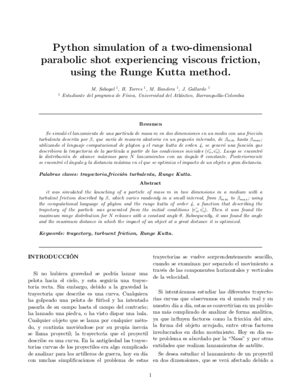 (PDF) Python simulation of a two-dimensional parabolic shot experiencing viscous friction, using ...