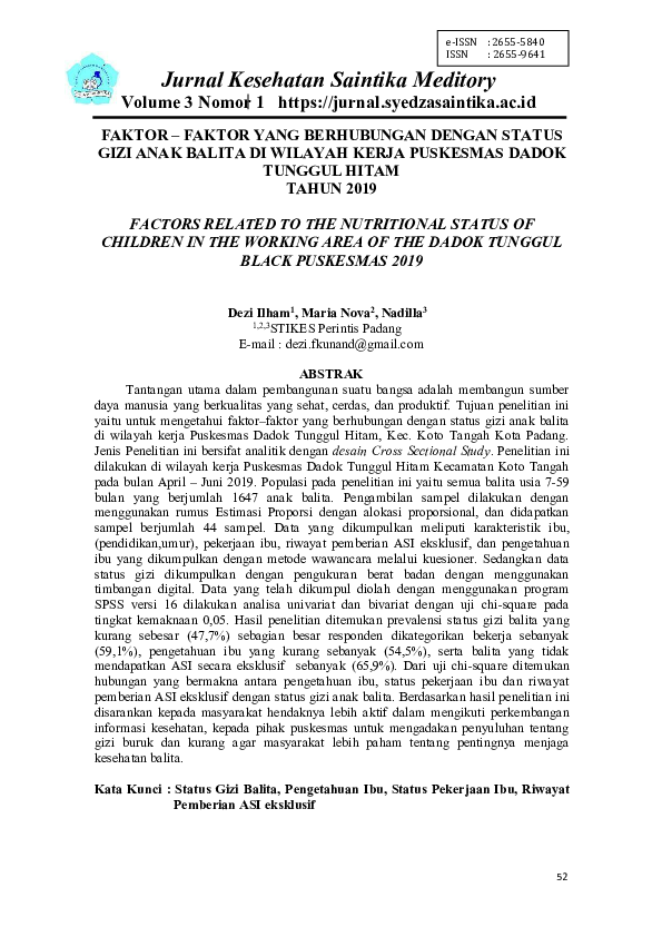 (PDF) Faktor – Faktor Yang Berhubungan Dengan Status Gizi Anak Balita DI Wilayah Kerja Puskesmas ...