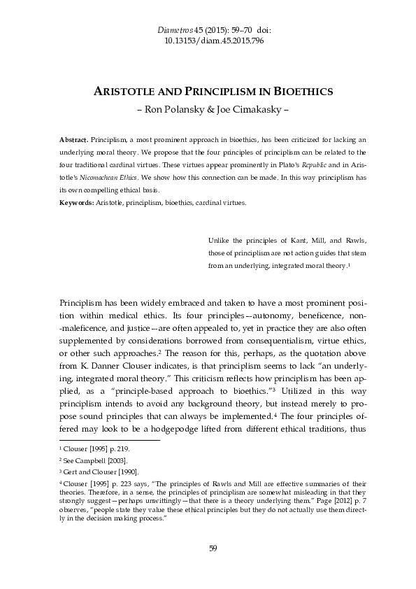 (PDF) Aristotle and Principlism in Bioethics