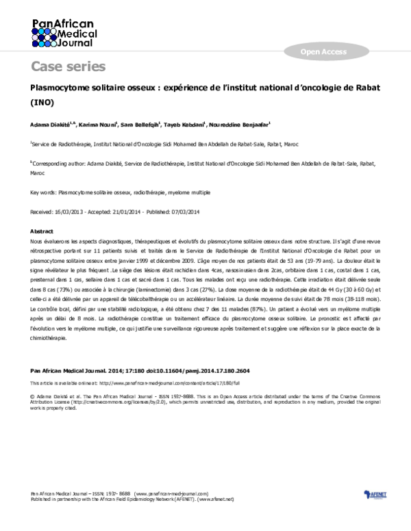 (PDF) Plasmocytome solitaire osseux : expérience de l’institut national ...