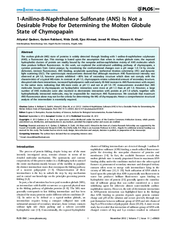 (PDF) 1-Anilino-8-Naphthalene Sulfonate (ANS) Is Not a Desirable Probe ...