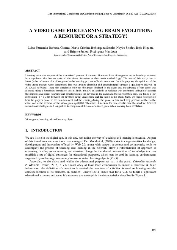 (PDF) A Video Game for Learning Brain Evolution: A Resource or a Strategy?