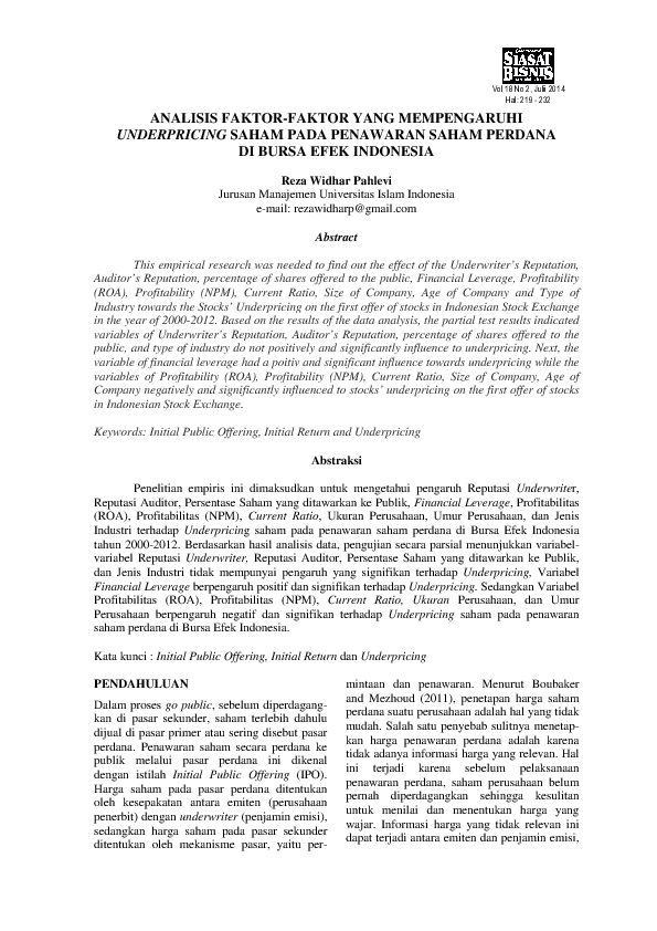 (PDF) Analisis faktor-faktor yang mempengaruhi underpricing saham pada penawaran saham perdana ...