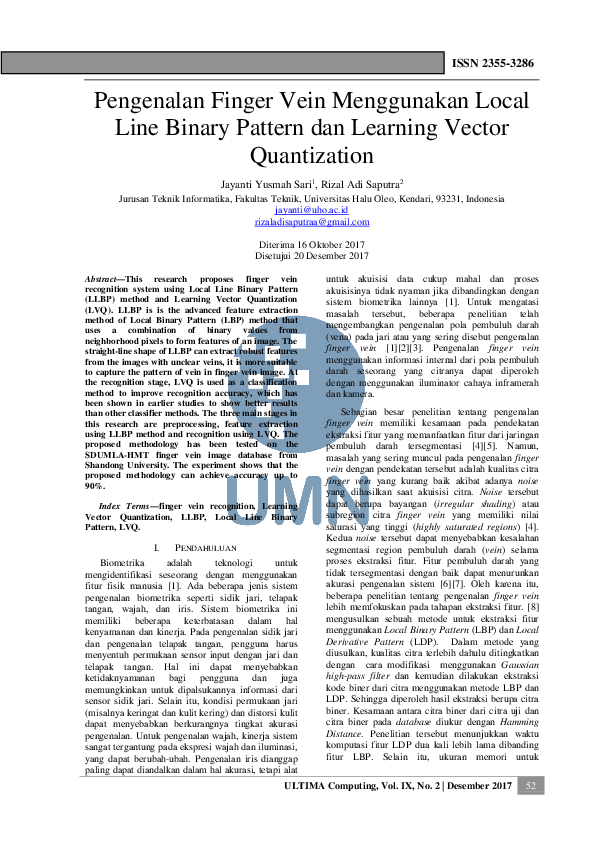 (PDF) Pengenalan Finger Vein Menggunakan Local Line Binary Pattern dan Learning Vector Quantization