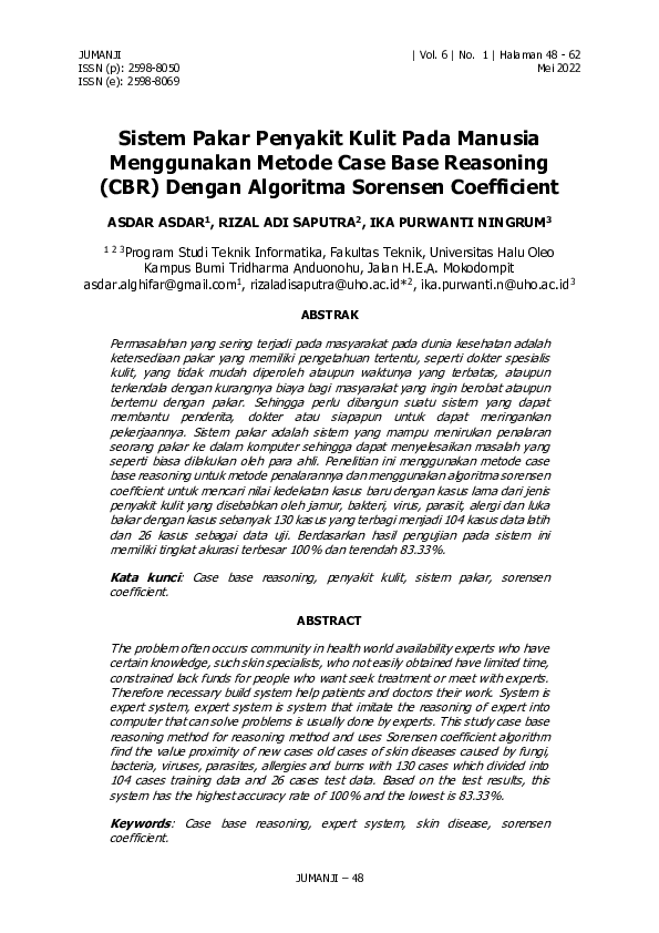 (PDF) Sistem Pakar Penyakit Kulit Pada Manusia Menggunakan Metode Case Base Reasoning (CBR ...