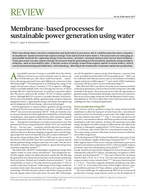 (PDF) Membrane-based processes for sustainable power generation using water