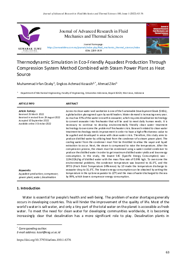 (PDF) Thermodynamic Simulation in Eco-Friendly Aquadest Production ...