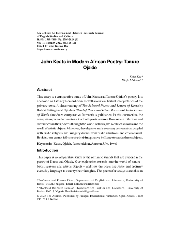 (PDF) John Keats in Modern African Poetry: Tanure Ojaide