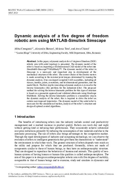 Pdf Dynamic Analysis Of A Five Degree Of Freedom Robotic Arm Using Matlab Simulink Simscape
