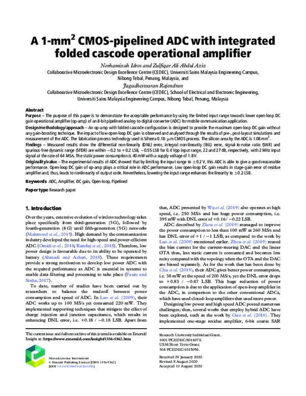 (PDF) A 1-mm2 CMOS-pipelined ADC with integrated folded cascode operational amplifier
