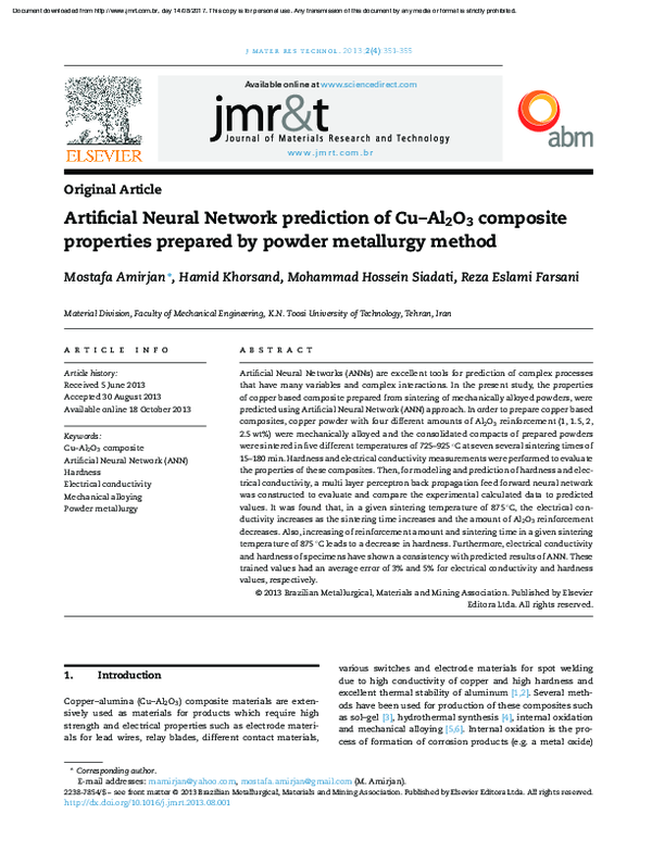(PDF) Artificial Neural Network prediction of Cu–Al2O3 composite properties prepared by powder ...