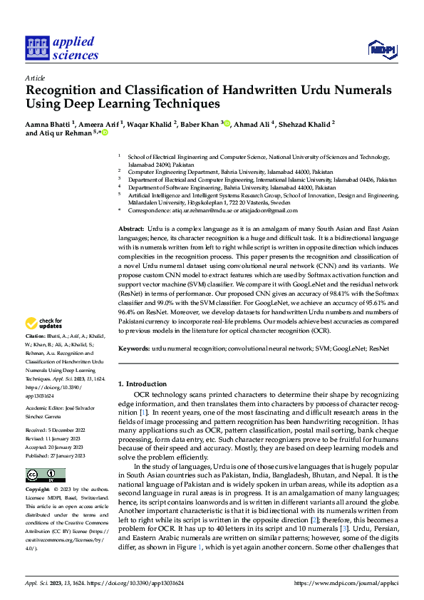 Pdf Recognition And Classification Of Handwritten Urdu Numerals Using Deep Learning Techniques