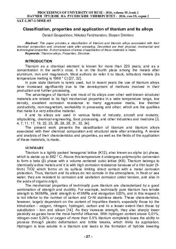 (PDF) Classification, properties and application of titanium and its alloys