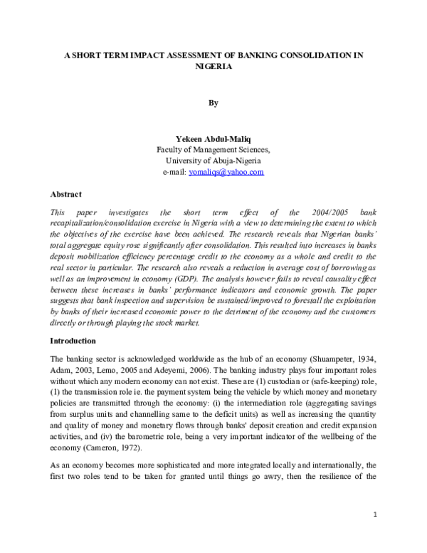 (DOC) A SHORT TERM IMPACT ASSESSMENT OF BANKING CONSOLIDATION IN NIGERIA