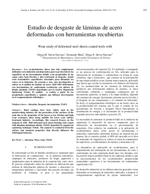 (PDF) Estudio de desgaste de láminas de acero deformadas con herramientas recubiertas