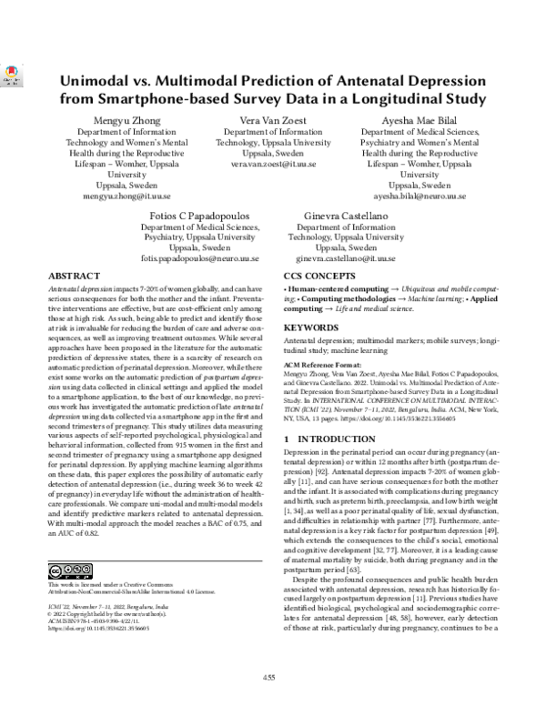 (PDF) Unimodal vs. Multimodal Prediction of Antenatal Depression from Smartphone-based Survey ...