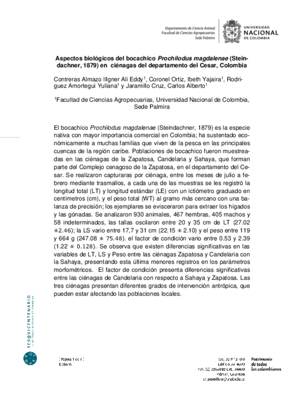 (PDF) Aspectos biológicos del bocachico Prochilodus magdalenae (Stein ...