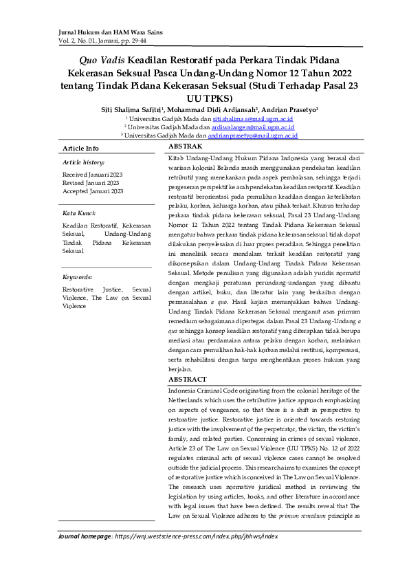 (PDF) Quo Vadis Keadilan Restoratif pada Perkara Tindak Pidana Kekerasan Seksual Pasca Undang ...