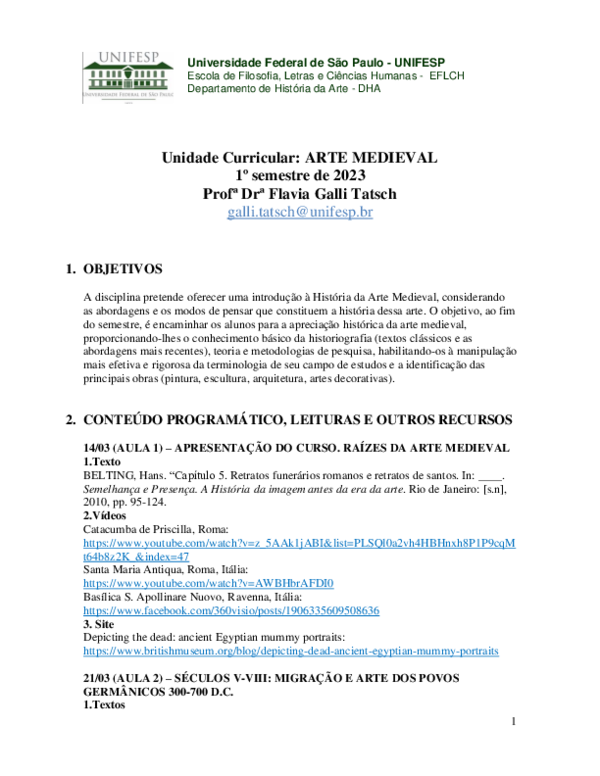 (PDF) Unidade Curricular: ARTE MEDIEVAL 1º semestre de 2023 Profª Drª ...