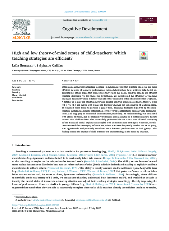 (PDF) High and low theory-of-mind scores of child-teachers: Which teaching strategies are efficient?