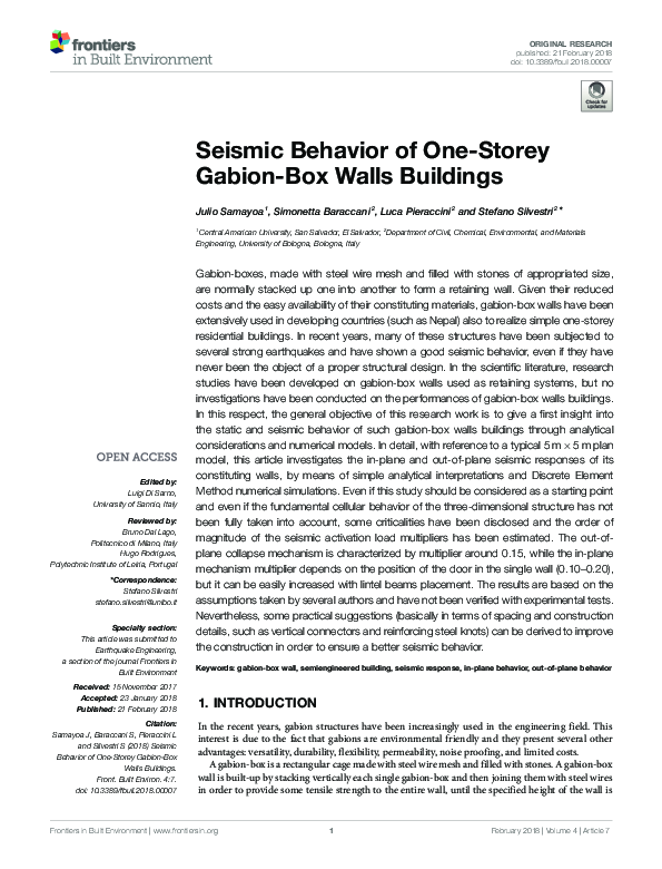 (PDF) Seismic Behavior of One-Storey Gabion-Box Walls Buildings